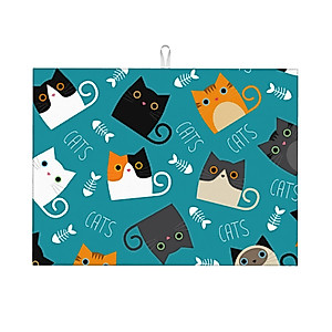 Perinsto Funny Cats Dish Drying Mat 18 X 24 Inch, Cute Cartoon Design Kitchen Counter Drainer Mats Dishes Dry Pad Protector Rack Mat, Absorbent Reversible