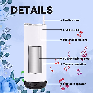 HIZEE 6pack 20oz cups Bluetooth Sublimation Tumbler with Straw and Lid, Double-Wall Stainless Steel Vacuum Insulation Sublimation Tumbler Blank, RemovableRechargeable Bluetooth Wireless Speaker black