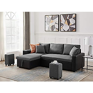 UBGO Upholstery Living Room Furniture Sets,Modular Sleeper, L-Shaped, Reversible Bed,Sectional Sofa with Storage and 2 stools Steel,Gray, Grey 3-seat Chaise Longue