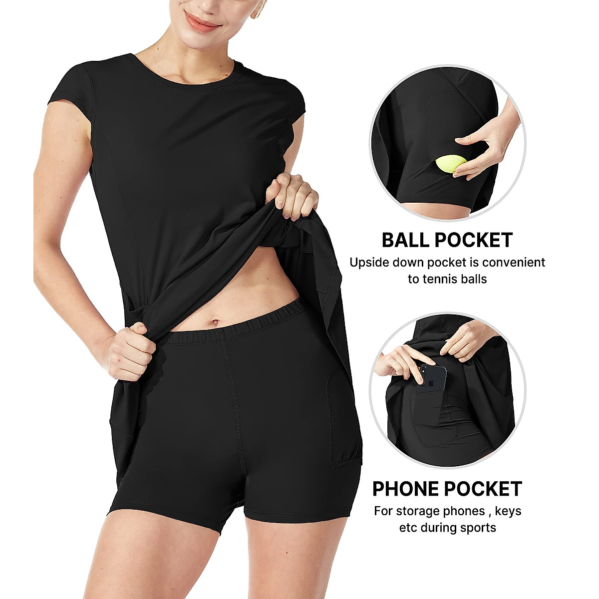 ChinFun Tennis Golf Dresses for Women, Tennis Golf Dress with Shorts Underneath and 4 Pockets UPF 50+ Cap Sleeve Workout Athletic Exercise Dress Black M