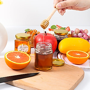 BIGIVACA 3 Ounce Hexagonal Mini Glass Honey Jar with Wooden Dips, 30 Honey Jars with Gold Lid, Bee Pendant, Jute, 35 Bees Stickers, Great for Baby Showers, Party Gifts, Wedding Gifts