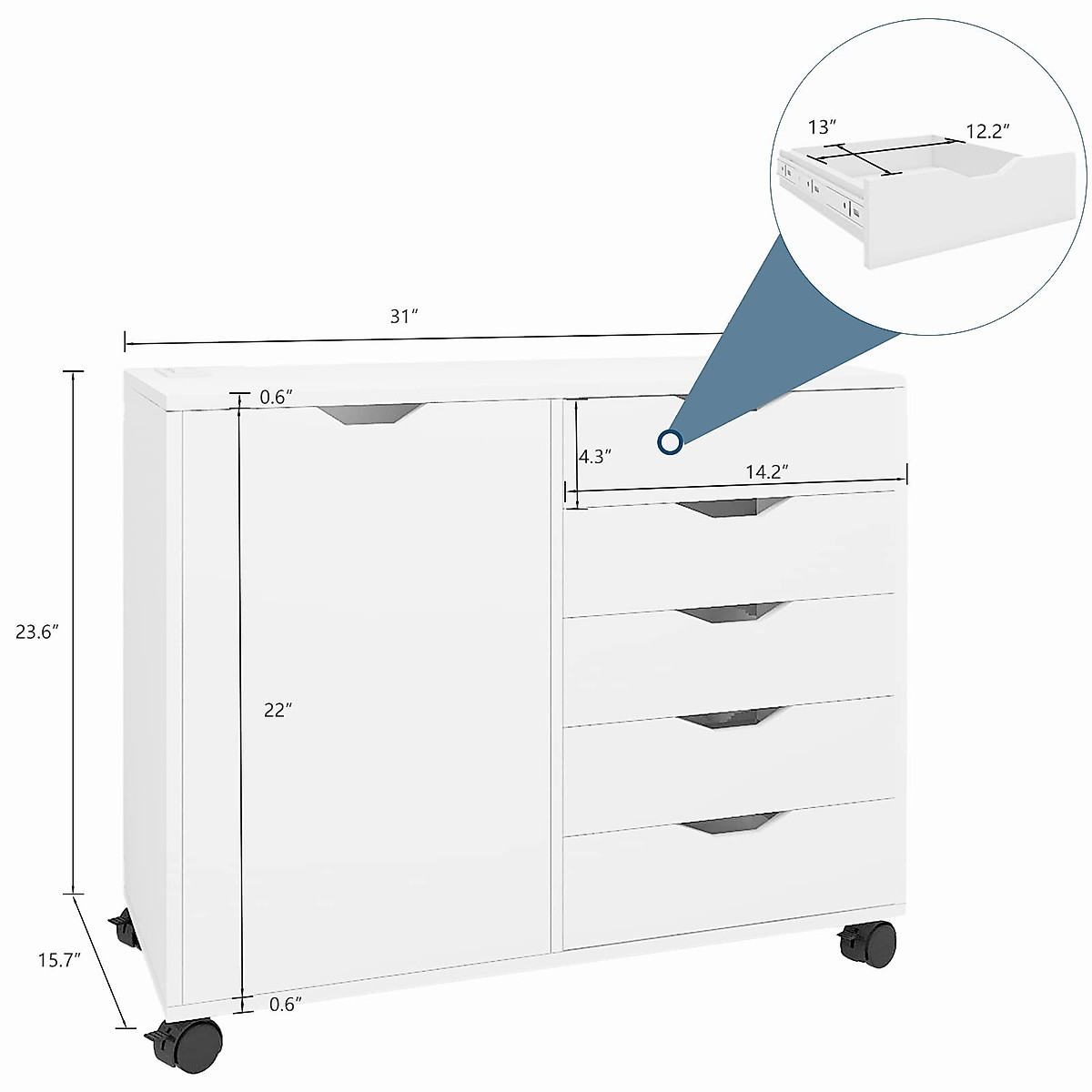 PUNCIA 5-Drawer Mobilable Wood File Storage Cabinets with Power Outlets and Door Home Office Lateral Filing Cabinet with Lock Printer Stand for Home Office