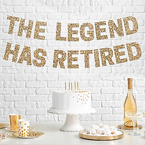 Pre-Strung The Legend Has Retired Banner - NO DIY - Gold Glitter Happy Retirement Banner - Pre-Strung on 8 ft Strand - Happy Retirement Party Decorations for Men & Women. Did we mention no DIY?