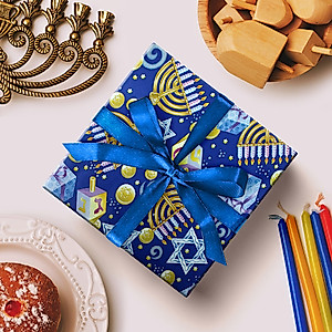 Designer Greetings Glitterwrap™ Hanukkah Gift Wrap – Dreidels, Star of David, Menorahs, Coins and Blue Striped Pattern (4 Rolls/Designs Per Pack, 30” x 192”, 40 Sq. Ft.)