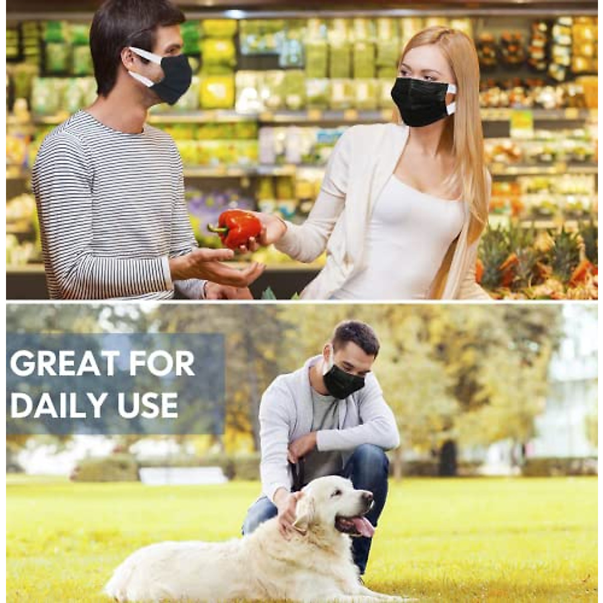 Disposable Face Masks 3 Ply With Ultra Soft Ear Loops - Beautifully Printed Single Use Breathable Protection Masks (50 Count (Pack of 1), Black)