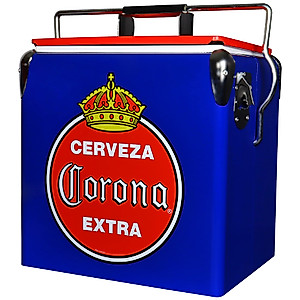 Corona Retro Ice Chest Cooler with Bottle Opener 13L (14 qt), 18 Can Capacity, Blue and Red, Vintage Style Ice Bucket for Camping, Beach, Picnic, RV, BBQs, Tailgating, Fishing
