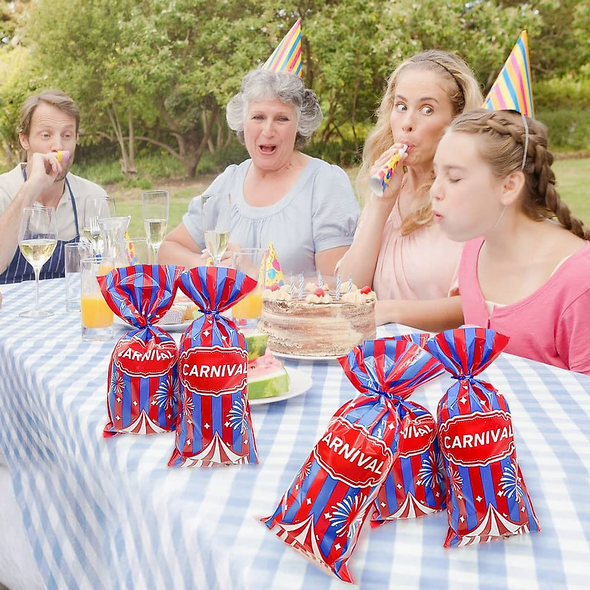 Jayomoli Carnival Circus Holiday Plastic Bags, 100pcs Cellophane Treat Bags Popcorn Bag, Candy Cookie Wrapping with Twist Ties for Party Favors Supply