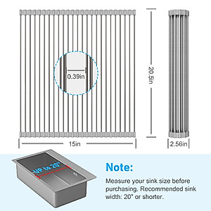 EMBATHER Roll Up Dish Drying Rack Over The Sink, Dish Drying Rack for Kitchen Counter, Multipurpose Stainless Steel Foldable Kitchen Drainer Rack with Silicone Mat, Anti-Slip, (Grey, 20.5"x15")