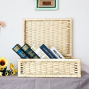 KINGWILLOW Wicker Basket with Lid, Rectangular Wooden Framed Woven Storage Bin with Inside Handles