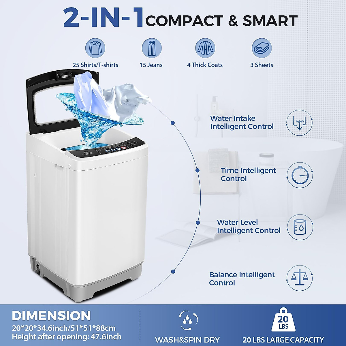 Nictemaw Portable Washing Machine 20Lbs Capacity 2.8 Cu.ft Portable Washer and Dryer Combo with 10 Programs and 8 Water Level Selections Compact Washer Machine for Apartments, Dorms, Rv-Glass Cover