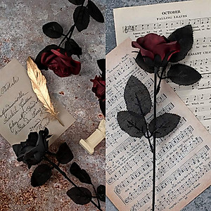 Tuzazo 10pcs Artificial Rose Flower Single Stem Fake Silk Flowers Bridal Wedding Bouquet, Realistic Blossom Flora for Home Garden Party Hotel Office Decorations (Burguandy and Black)