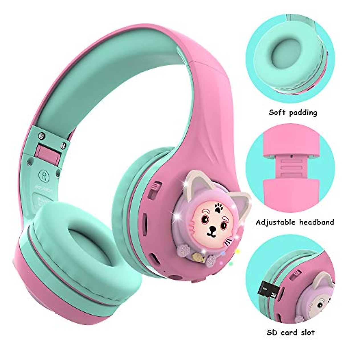 Riwbox Kids Headphones, CB-7S Cat Kids Toddler Headphones with LED Light, 75/85/95dB Volume Limited, Kids Bluetooth Headphones with Mic for School/Tablet/Girls (Pink)