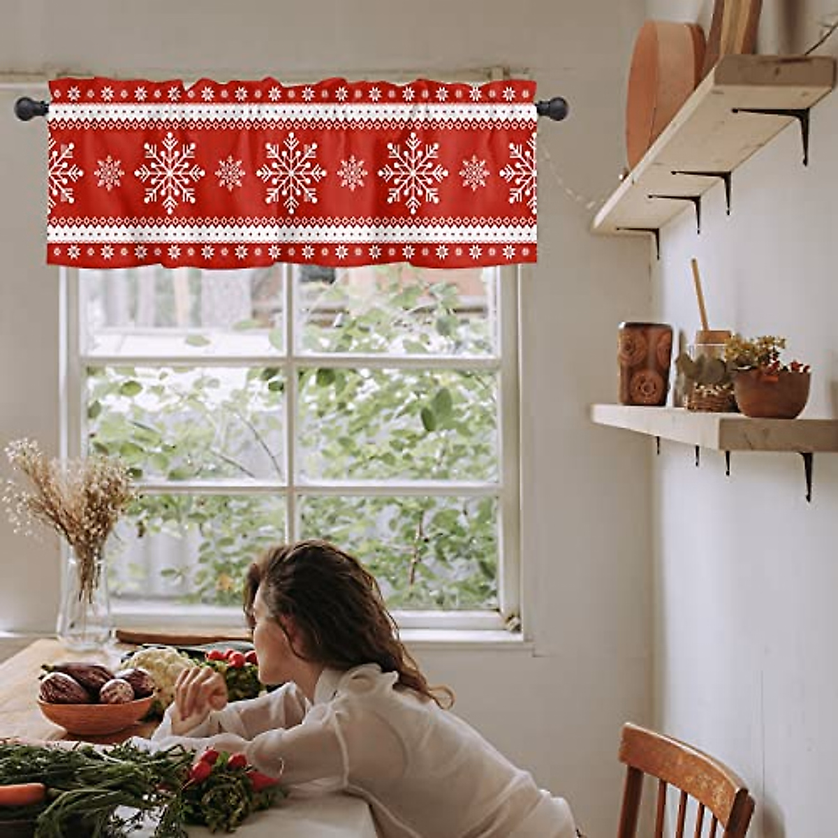 Millxiu Christmas Kitchen Curtain Valance 42x12 inch Merry Christmas White Snowflake Red Backdrop Window Valance for Kitchen and Bathroom,Rod Pocket Short Valances Window Treatment