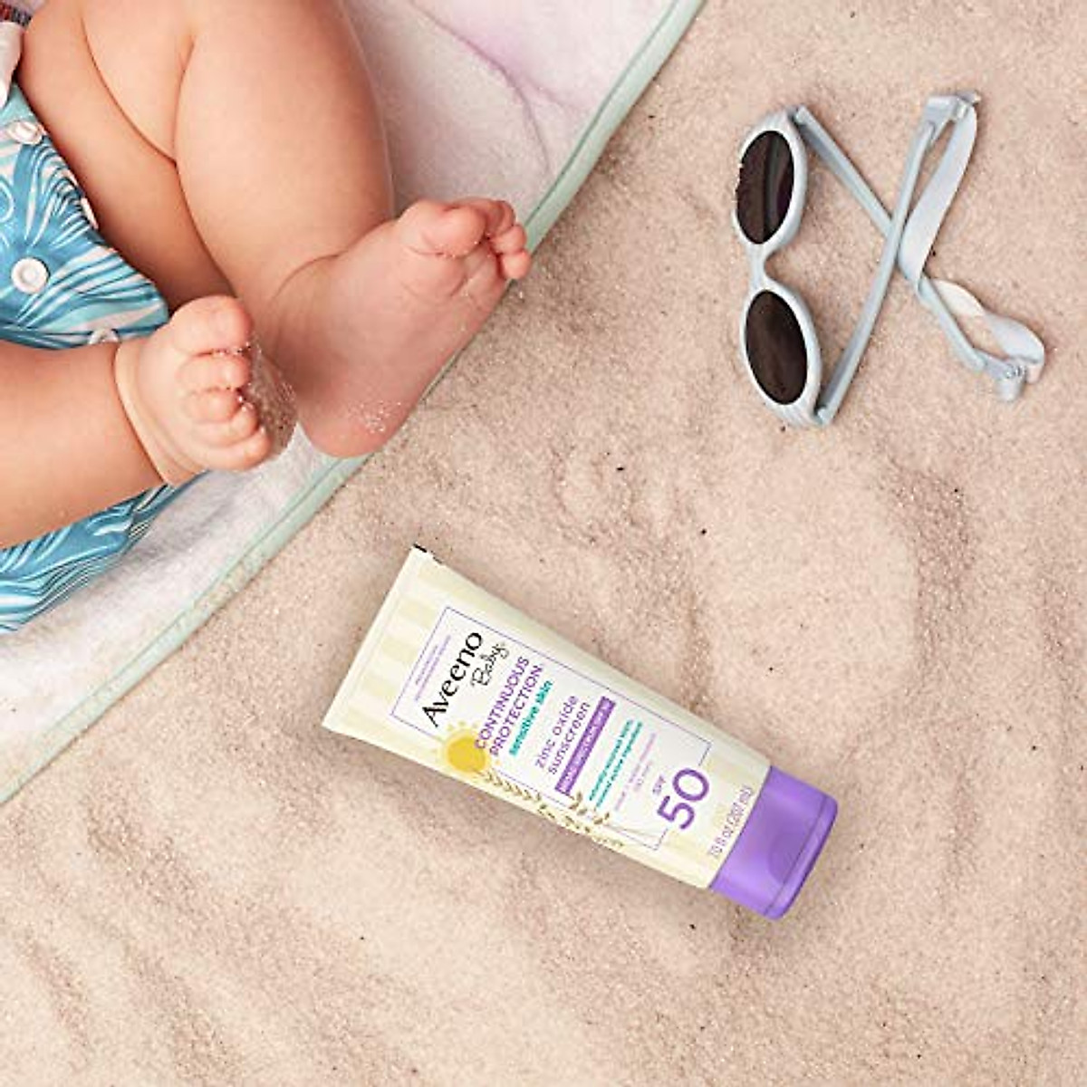 Aveeno Baby Continuous Protection Zinc Oxide Mineral Sunscreen Lotion for Sensitive Skin, Broad Spectrum SPF 50, Tear-Free, Sweat- & Water-Resistant, Paraben-Free, Non-Greasy, 7 fl. oz