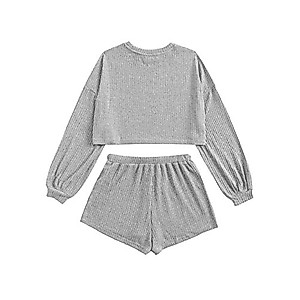 Verdusa Women's Rib Knit Long Sleeve Lounge Set 2 Piece PJ Set Nightwear Pajama Set Grey L