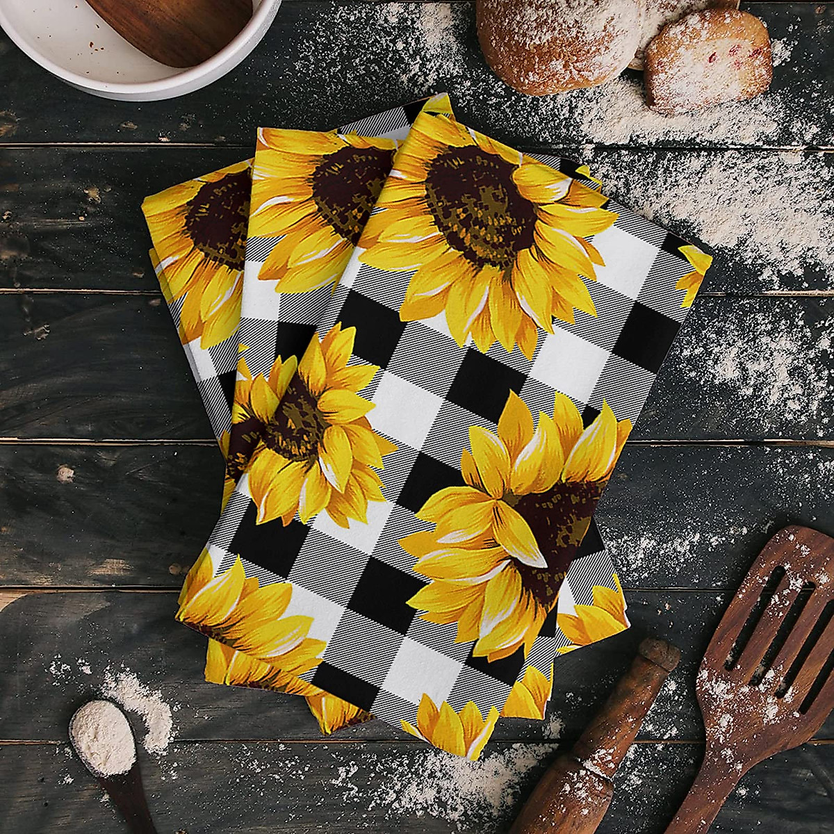 Absorbent Microfiber Kitchen Towels(Set of 2),Spring Summer Wild Sunflower,Tea Towel for Kitchen/Bathroom Decorative Bar Towels,Buffalo Plaid Black White,Soft Resuable Dish Towels Cloths Washable