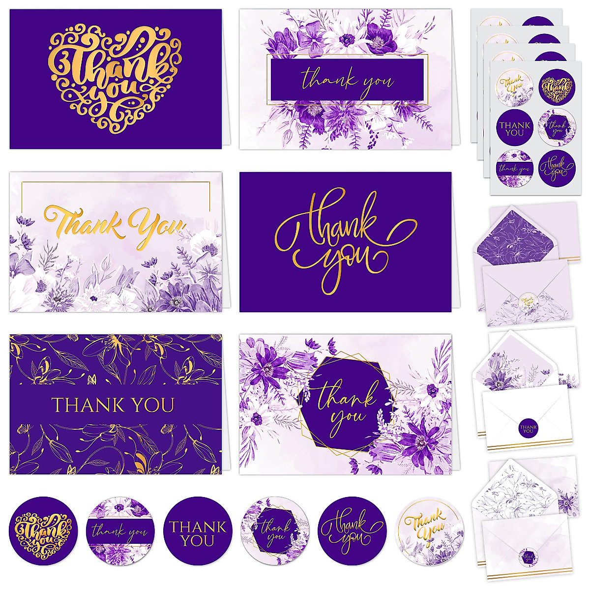 Decorably Thank You Cards with Envelopes & Stickers, Gold-Foiled Cards, 24 Pack Purple Thank You Cards with Envelopes Purple, Blank Inside Thank You Cards Purple, 6x4in Purple and Gold Thank You Cards