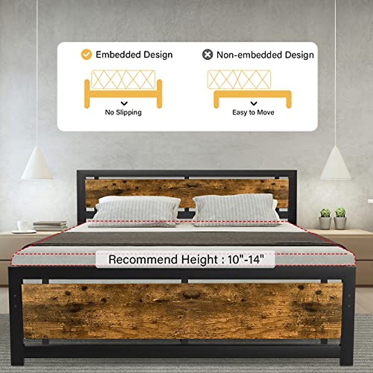 Pliwier Platform Queen Bed Frame, Heavy Duty Queen Size Bed Frame with Headboard and Footboard, Strong Steel Slat Support, No Box Spring Needed, Noise Free, Easy Assembly