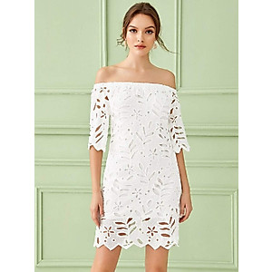 PRETTYGARDEN Women's Summer Off Shoulder Vintage Floral Lace Flare Short Sleeve Loose Elegant Mini Dress (White,Large)