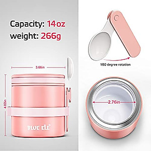 BLUE ELE Leakproof, Vacuum Insulated Thermos Hot Lunch Containers with Ceramic-Coated Stainless Steel, Easy Grip Lid, and Folding Spoon, 13.5oz, Carnation Pink