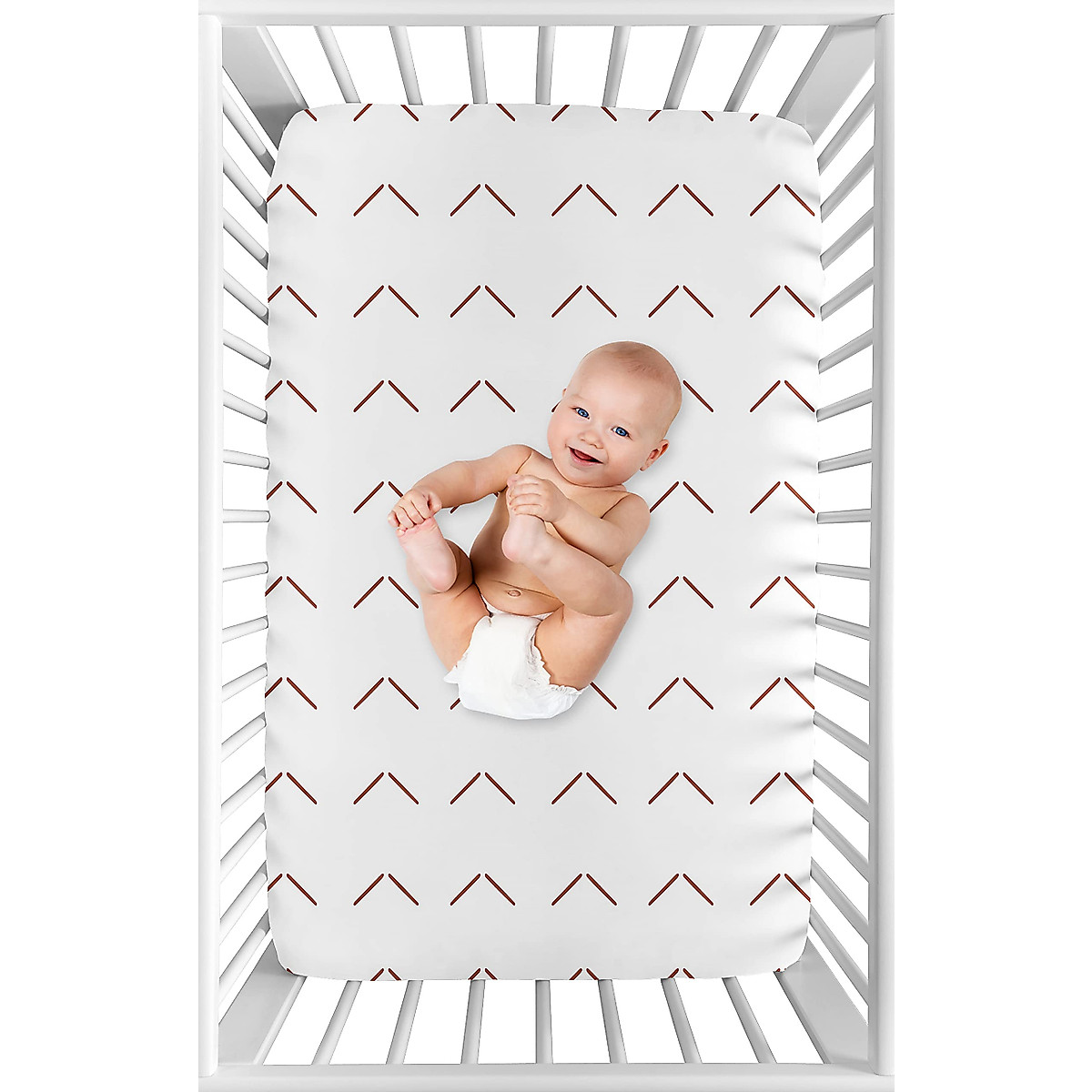 Sweet Jojo Designs Orange Arrow Boy Girl Fitted Mini Crib Sheet Baby Nursery Portable Crib Pack Play - Rust White Chevron Geometric Herringbone Mod Dino Modern Dinosaur Boho Dinosaurs Gender Neutral