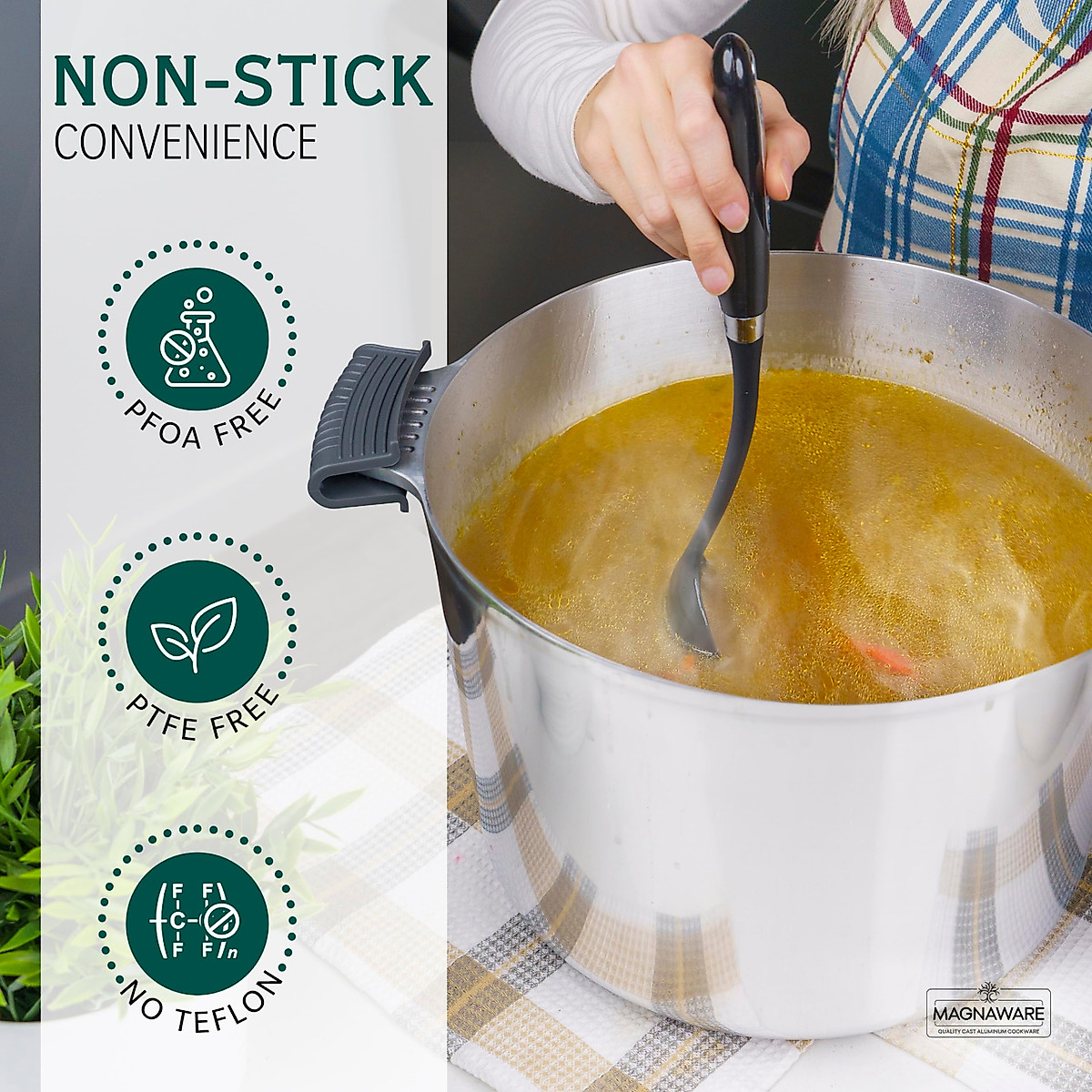 18 Quart Cast Aluminum Large Stock Pot with Lid - Durable & Lightweight Soup Pot with Even Heat Distribution & Retention - Professional Cookware Stockpot with Silicone Handle