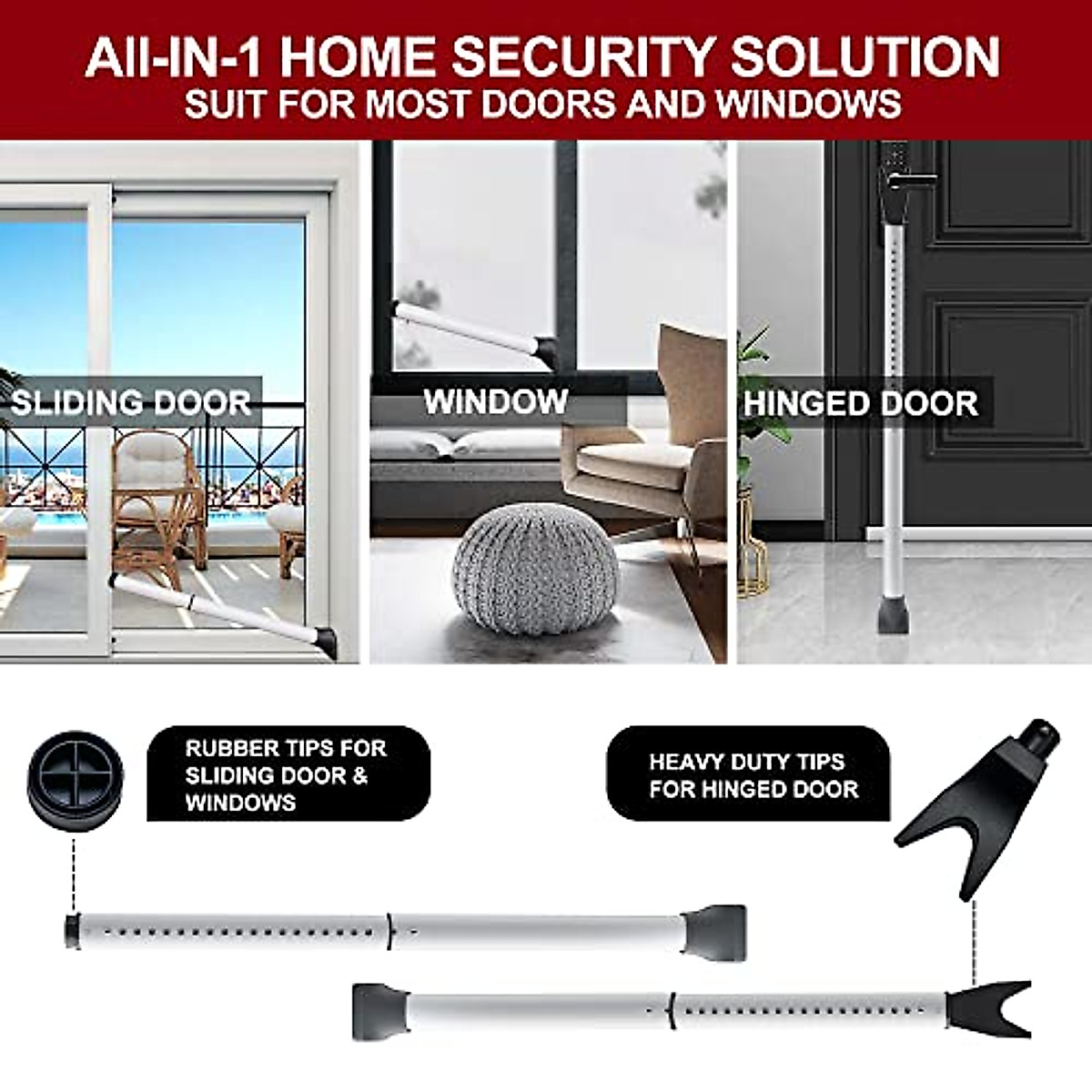 AceMining Upgraded Door Security Bar & Sliding Patio Door Security Bar, Heavy Duty Security Door Stoppers Adjustable Door Jammer Security Bar for Home, Apartment, Travel (1 Pack,White)