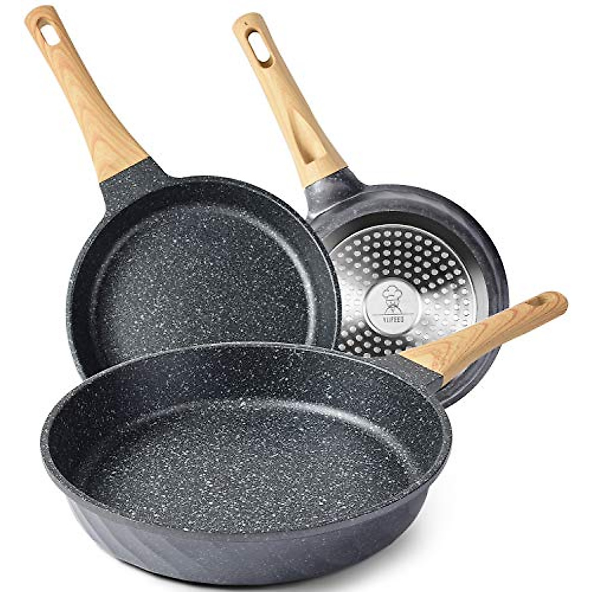 YIIFEEO Nonstick Frying Pan Set, Granite Skillet Set with 100% PFOA Free, Omelette Pan Cookware Set with Heat-Resistant Handle, Induction Compatible, Christmas Gift for Women (8inch&9.5inch&11inch)