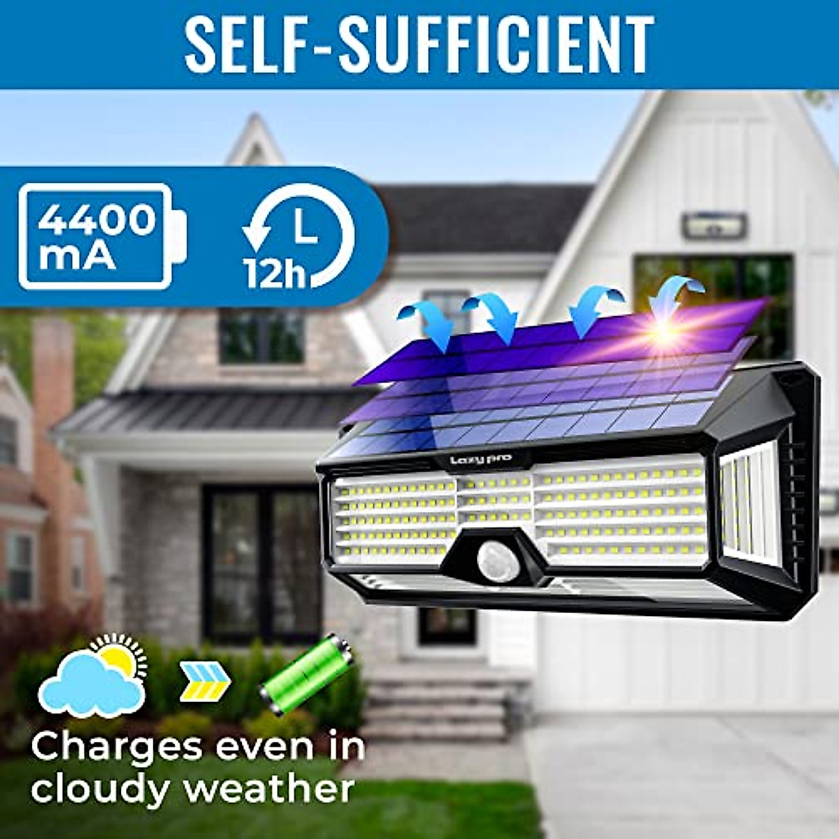 LazyPro Solar Lights Outdoor Super-Bright 298 LEDs 2500lm - LED Solar Motion Sensor Lights Outdoor - for Wall, Post, Pathway Garden up to 1600 sq ft - Solar Battery Powered 4400 mAh