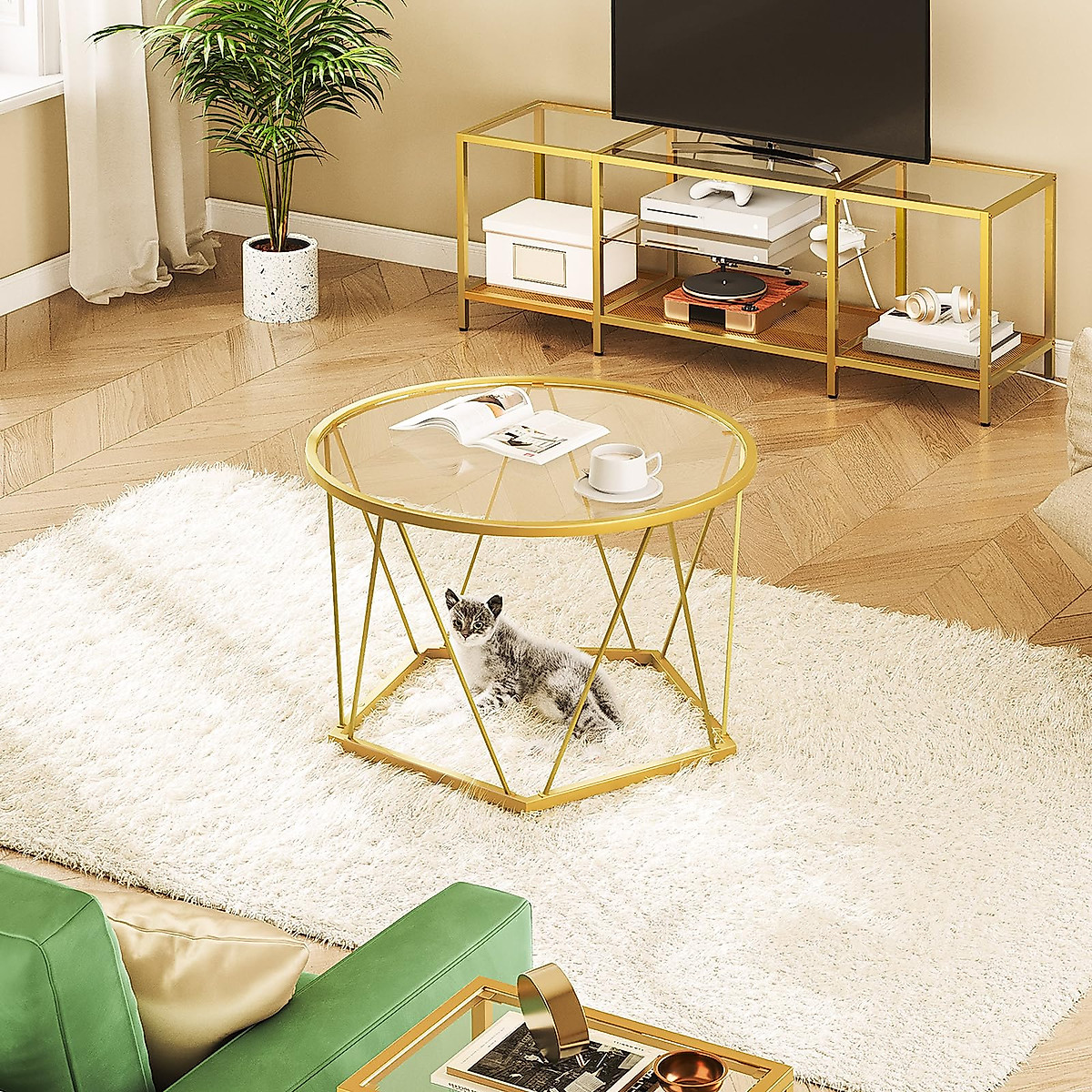 HOOBRO Coffee Table, Gold Glass Coffee Table for Living Room, 27.6" Round Coffee Table, 1 Layer Center Table, Metal Frame, Hexagonal Design, for Small Space, Reception Room, Apartment, Golden GD70KF01