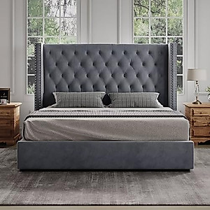 Jocisland King Size Lift Up Storage Bed, Upholstered Platform Bed Frame and Velvet Button Tufted Headboard with Wingback, Hydraulic Storage, No Box Spring Needed, Easy Assembly, Gray