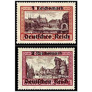 1939 D VERY RARE FLAWLESS NAZI-OCCUPIED DANZIG STAMPS w REICHSMARK OVERPRINTS & CITY LANDMARKS (NOW GDANSK POLAND!) 1, 2 Reichsmark Seller Perfect Uncirculated Mint Never Hinged
