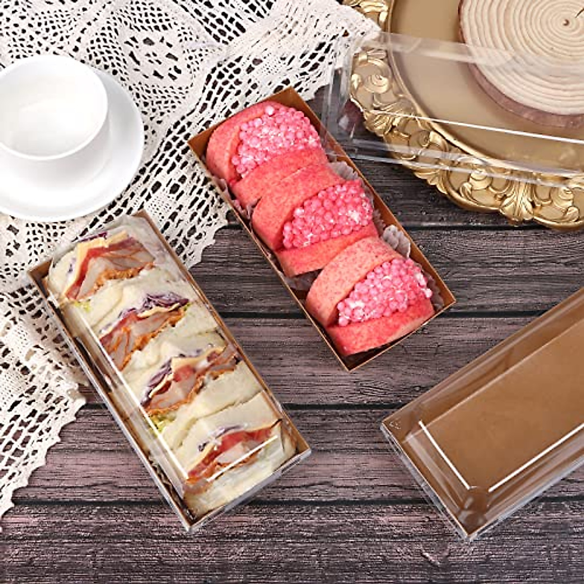 60 Sets Roll Cake Box with Lid Swiss Roll Containers Sushi Box Sandwich Craft Paper Box Plastic Charcuterie Takeout Box for Muffin Pastry Hot Dog Sandwich Cupcakes with 60 Seal Stickers (Rectangle)