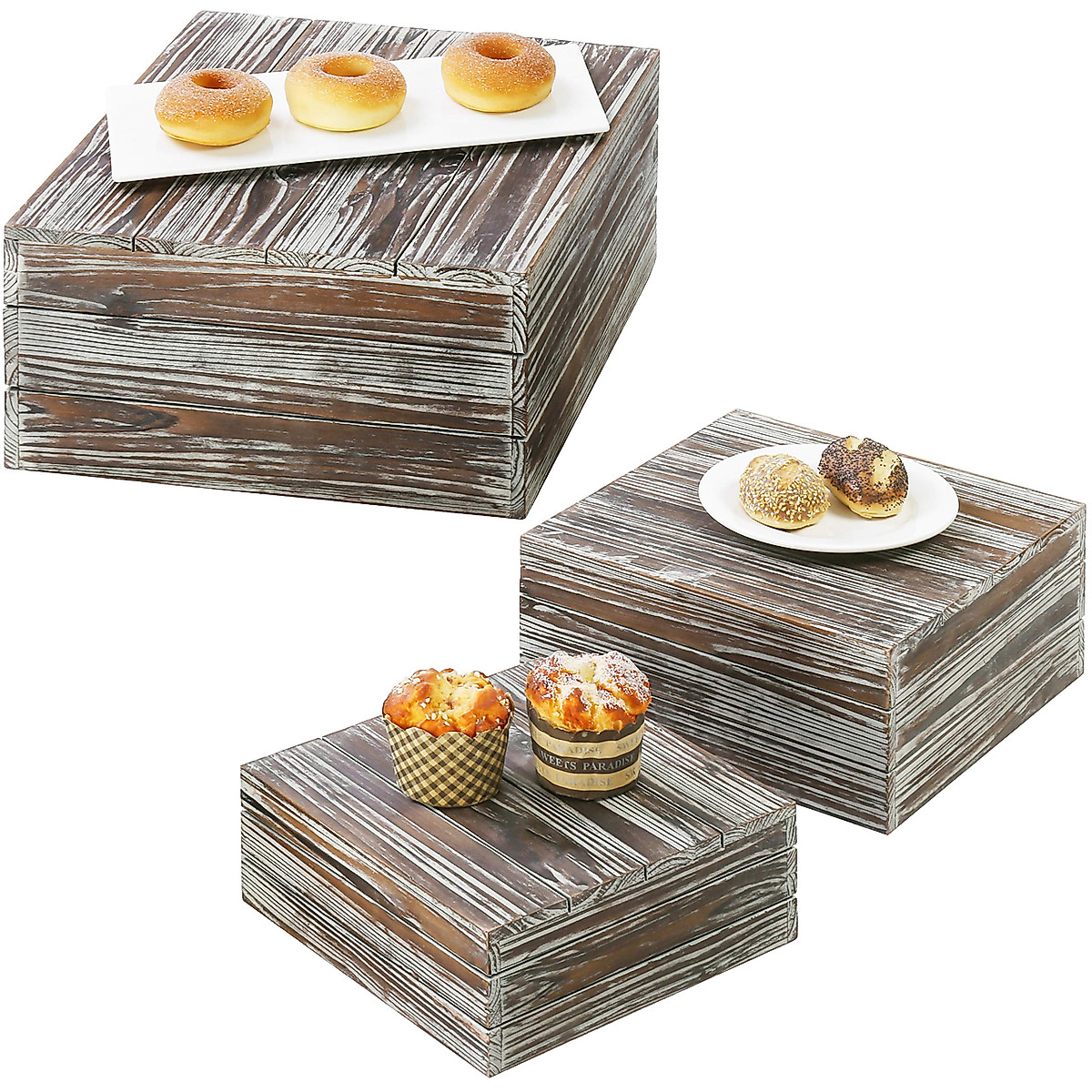 MyGift 3 Piece Rustic Solid Torched Wood Dessert Cake and Cupcake Stand, Decorative Box Display Risers