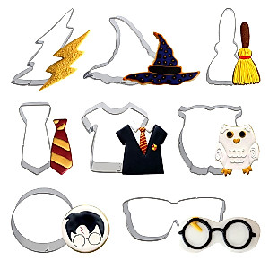 Fangleland Witch and Wizard Cookie Cutter Set Stainless Steel Owl Witch's Hat Broom Scarf Lightning Biscuit Fondant Molds for Baby Shower All Saints' Day Witches Party
