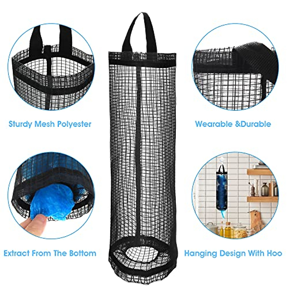 Thinp 2 Pieces Plastic Bag Holder, Hanging Grocery Bag Holder Trash Bag Holder Foldable Mesh Hanging Storage Bag Dispenser Plastic Bag Dispenser for Home Kitchen Garbage Bag Storage(Black)