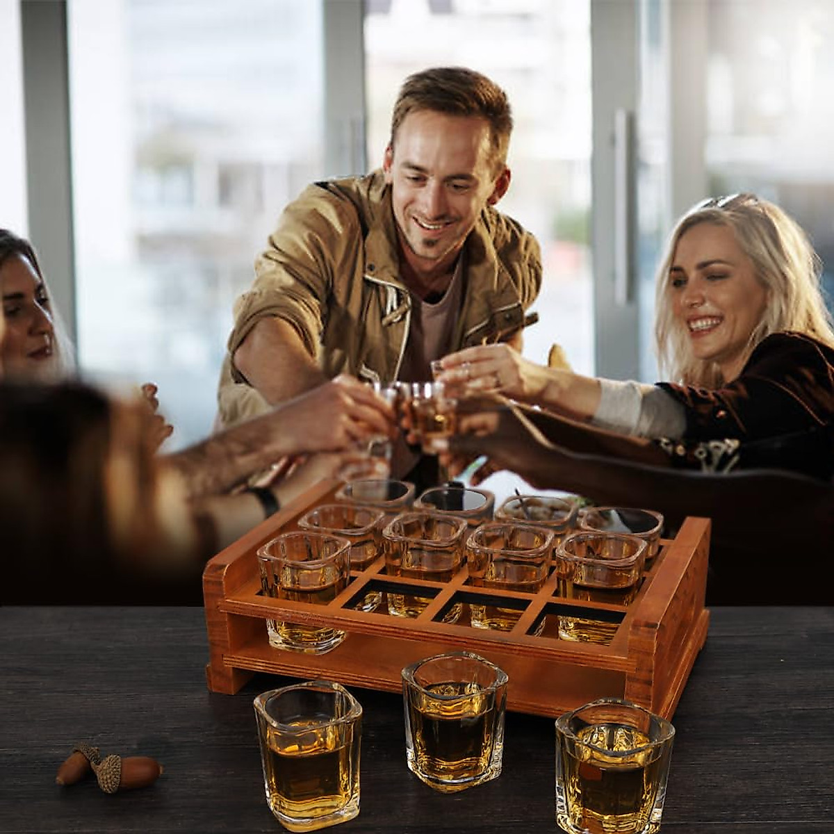 BARGIFTS 12pc Shot Glass Set,Party Server Shot Glasses Set with Rustic Rufous Wood Serving Tray,Crystal Shot Glass for Whiskey, Party & Collection