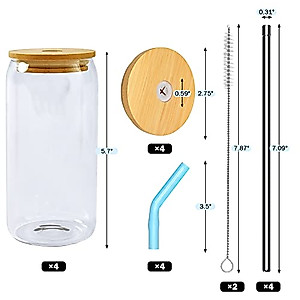 AUGOSTA Beer Can Glass with Lids and Straw, 16 oz Reusable Drinking Glasses Tumbler, Free 4 Bamboo lids, 4 Stainless Steel Straw with Colored silicone plug, 2 Cleaning Brush, 4 Pack