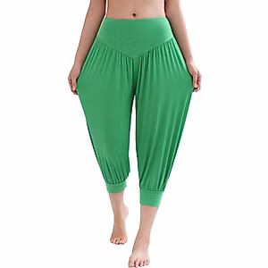 Hoerev Women Super Soft Modal Spandex Harem Yoga Pilates Capri Pants Lounge Pant,Green,Large
