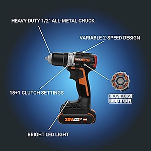 Worx Nitro 20V Cordless 1/2" Drill Driver with Brushless Motor, Compact & Lightweight Drill Set Only 6" and 3 lbs., Cordless Drill Power Share Compatible WX130L – Batteries & Charger Included