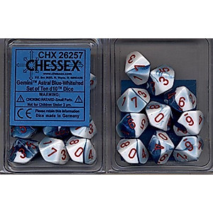Chessex Dice d10 Sets: Gemini Astral Blue / White with Red - Ten Sided Die (10)