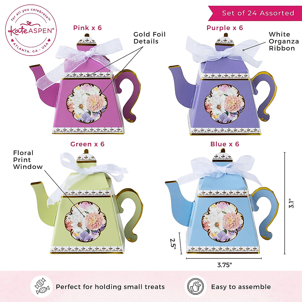 Kate Aspen Vintage Floral Tea Pot Shaped Party Favor Boxes (Set of 24 Assorted Colors) - Weddings Favors, Bridal Showers Brunches, Baby Candy Boxes, Birthday Decorations