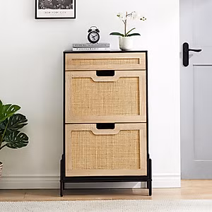 IDEALHOUSE Natural Rattan 2 Flip Door with 1 Drawer Shoe Cabinet Organizer Freestanding, Shoe Rack Storage Cabinet for Entryway with 3-Tier Adjustable Shelves for Slippers, Sneakers, Heels, Boots