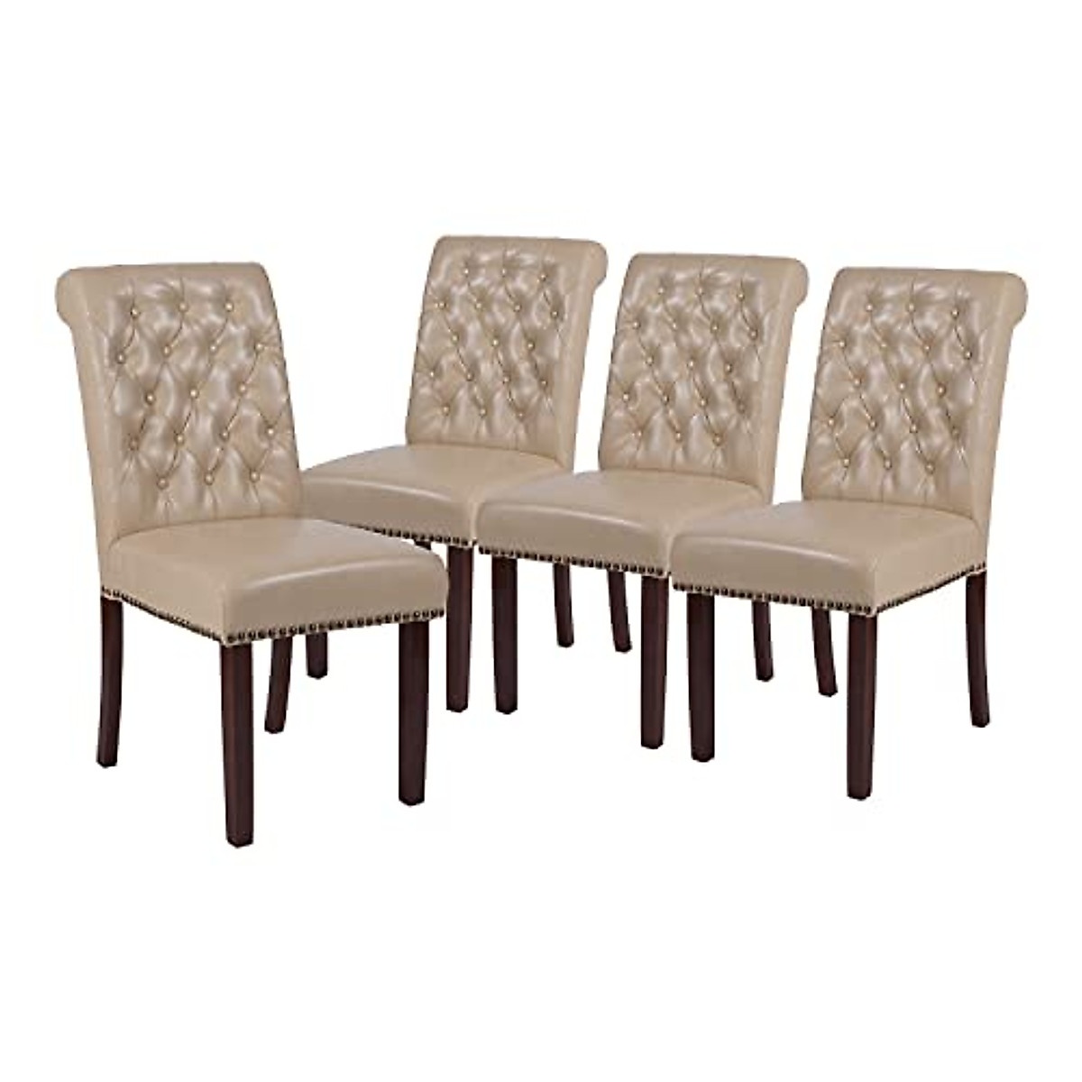 Flash Furniture Set of 4 Hercules Series Beige LeatherSoft Parsons Chairs with Rolled Back, Accent Nail Trim and Walnut Finish