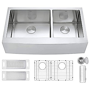ZUHNE Stainless Steel Double Basin Farmhouse Sink 60/40 (33-Inch Curved Apron Front)