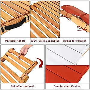 Tangkula Folding Patio Lounge Chair, Solid Eucalyptus Wood Sun Lounger Chair, with Double-Sided Cushioned Seat for Garden Lawn Backyard, Portable Chaise with Foldable Headrest (1)