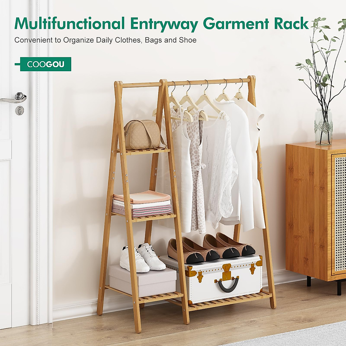 COOGOU Small Clothes Racks,Kids Clothes Hanging Rack, Bamboo Wood Clothing Garment Rack with Shelves, Free Standing Corner Dress Costume Rack for Small Place,Bedroom,Bathroom, Portable