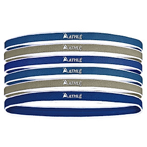 Athlé Skinny Headbands for Women and Men - 6 Pack - Elastic Headbands for Women and Men - Non Slip Silicone Grip - Lightweight and Comfortable Thin Headbands - Blue, Grey