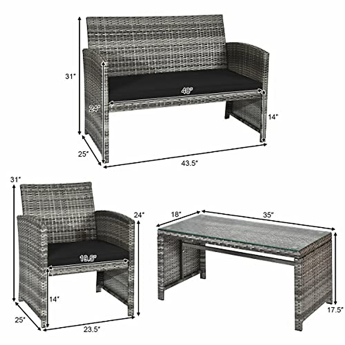 WYKDD 4PCS Patio Rattan Furniture Set Conversation Glass Table Top Sofa Cushioned Loveseat Single Chairs