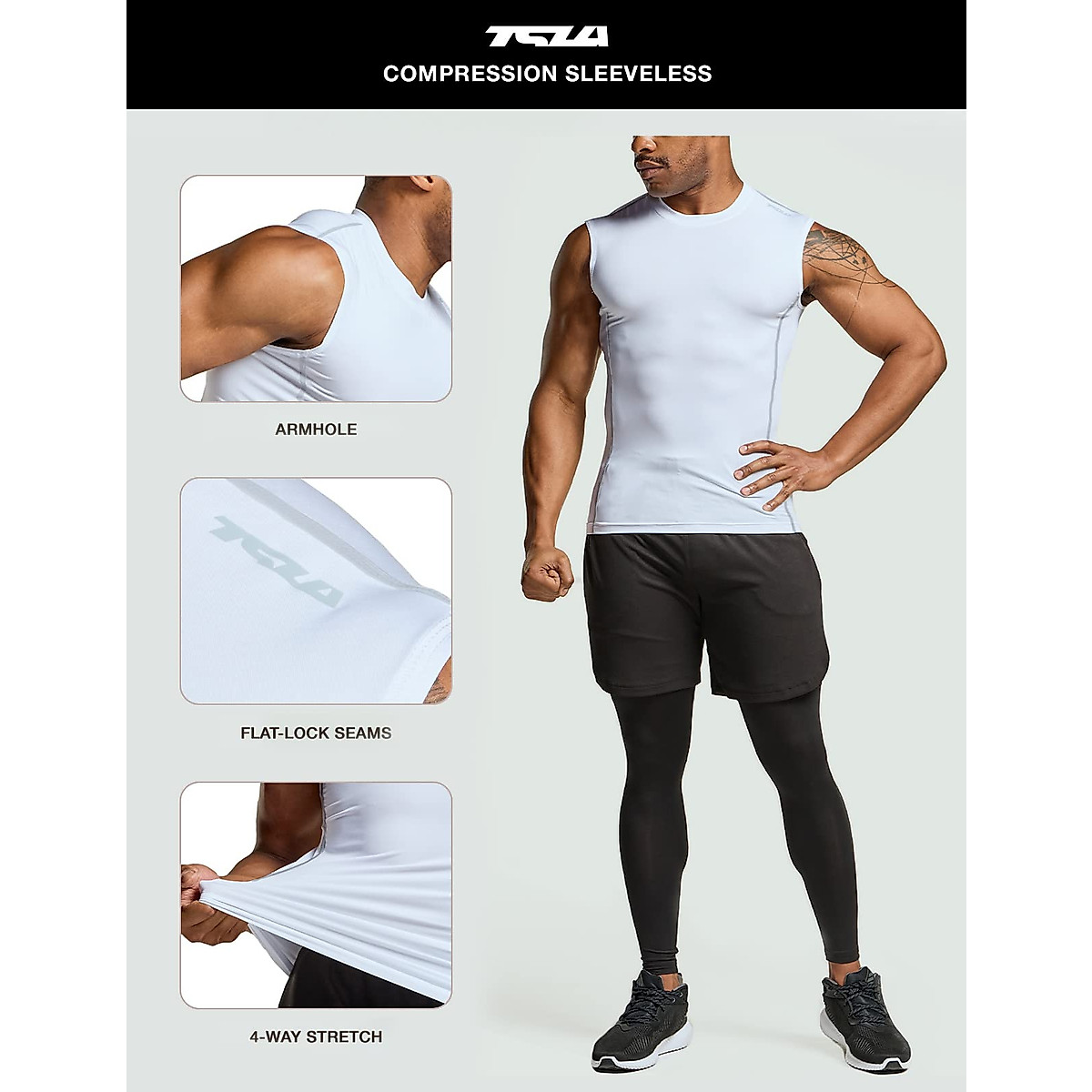 TSLA Men's Sleeveless Workout Shirts, Dry Fit Running Compression Cutoff Shirts, Athletic Training Tank Top, Active Top White, Large